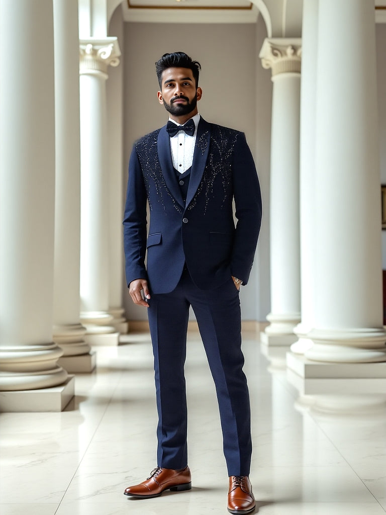 Blue Polynosic Tuxido Suit with Pearls and Beads Work – De Royal Mens Ethnic