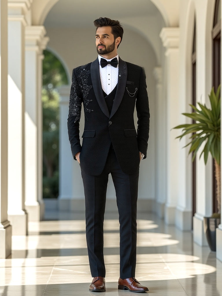 Black Cutdana and Pearls work Polynosic 5 Pc Designer Suit – De Royal Mens Ethnic