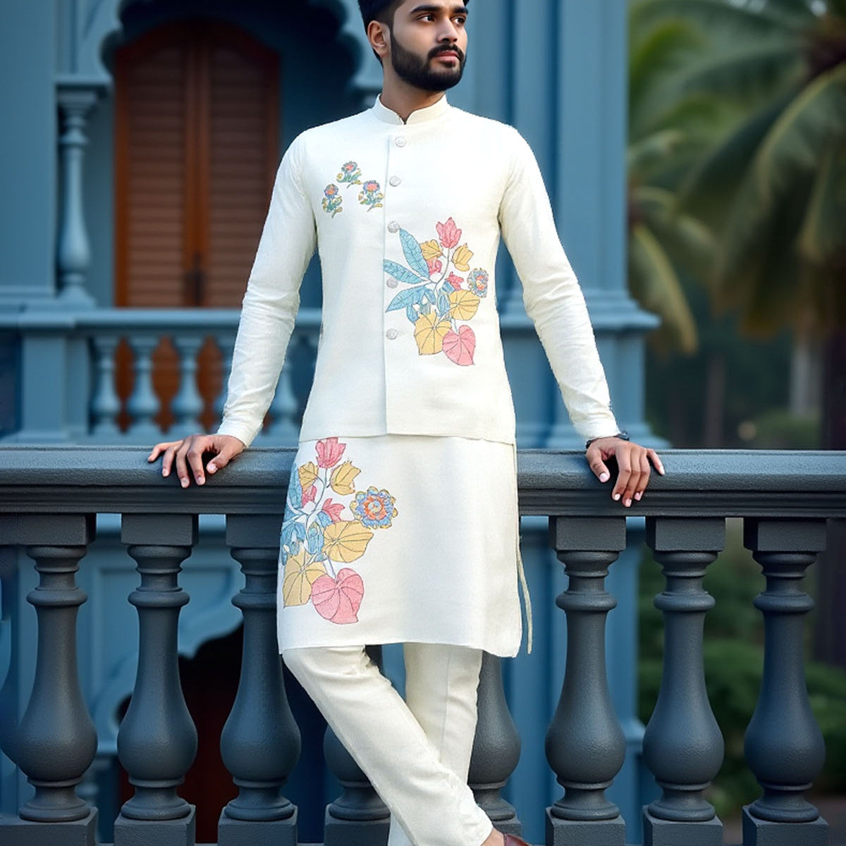 Light Pista Green Floral Print Matka Silk Kurta Jacket Set – De Royal ...