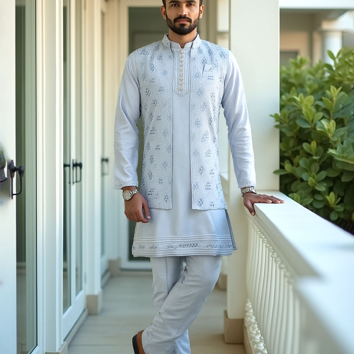 Light Sky Blue Thread work Giza Cotton Kurta Jacket Set – De Royal Mens ...