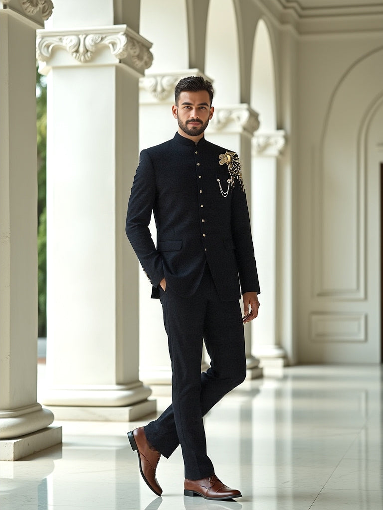 Trendy Lion RRR Style Black Polynosic Cutdana Bandhgala Suit – De Royal ...