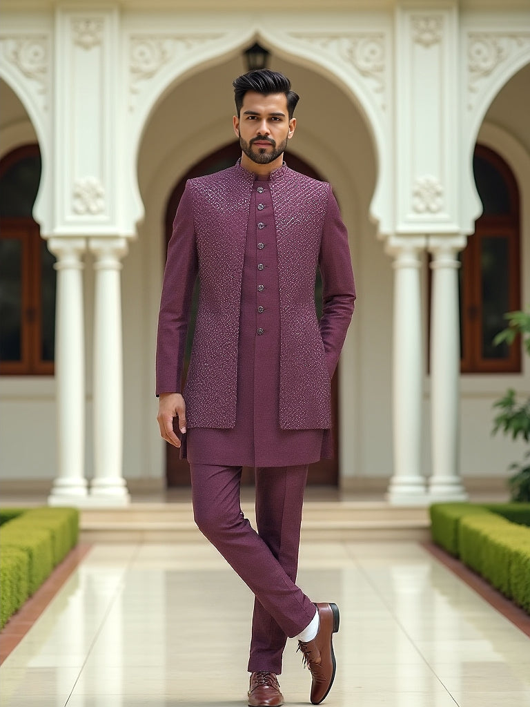 Elegant Self Patterned Sequence work Raw Silk Indo Open Jacket Style ...