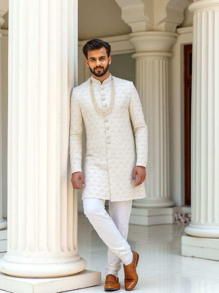 Self Design Thread with Stones Cream Colour Matka Silk Indo-Western St