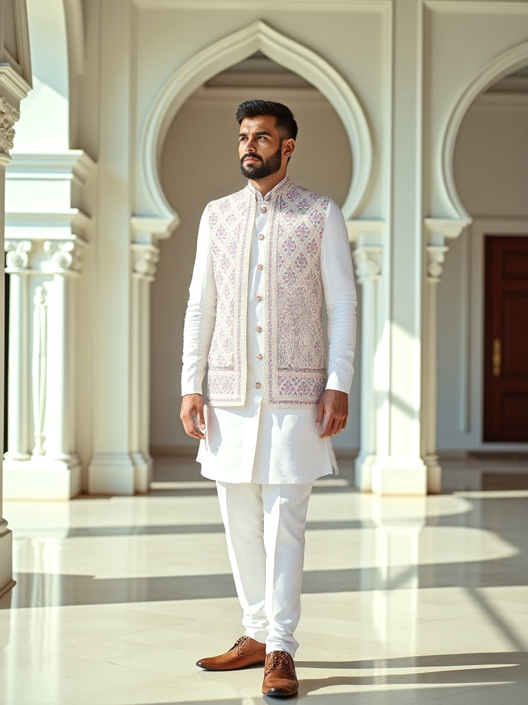 Warm White Floral Embroidery Design Georgette Indo-Open Jacket Style ...