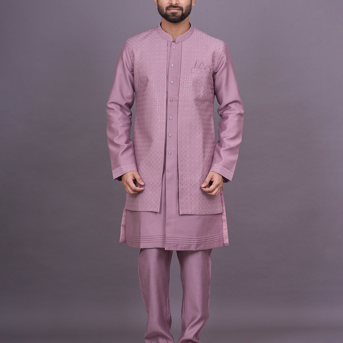 Decent Self Thread Embroidery work Soft Silk Kurta Jacket Set – De ...