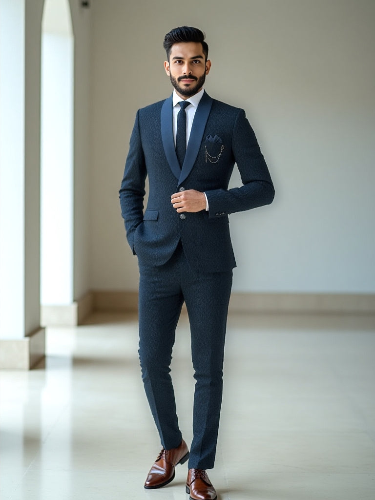 Navy Blue Self Design Polynosic Thread work 5 Pc Suit – De Royal Mens ...
