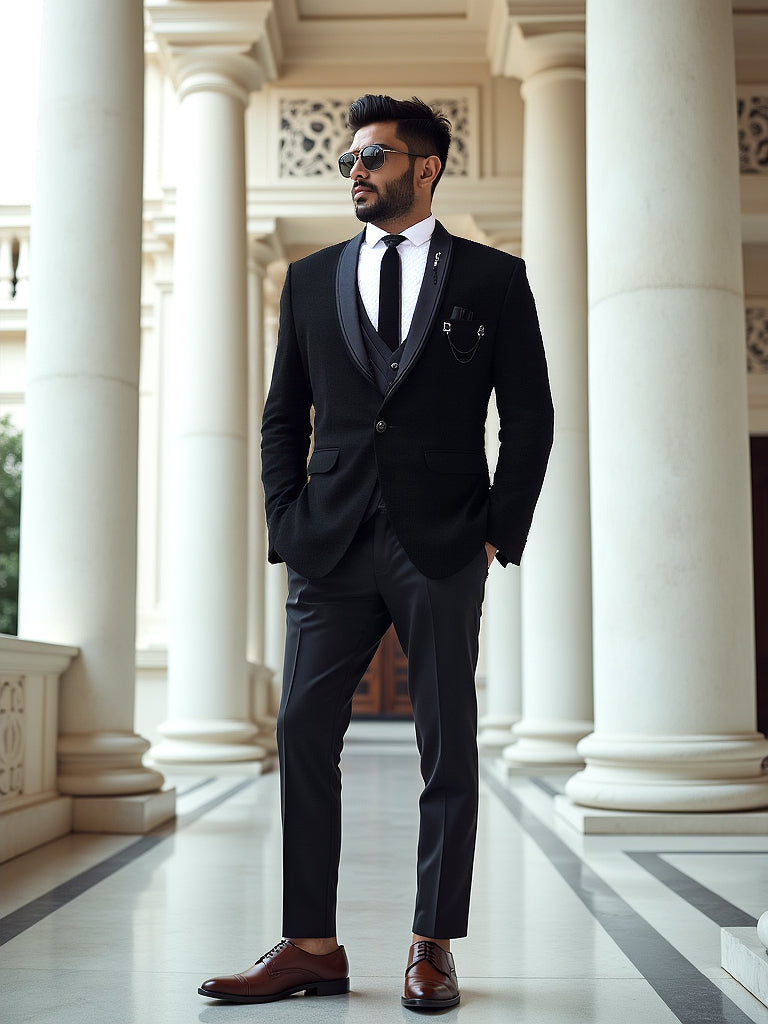Black Polynosic Solid Suit with Unstitched Satin Trouser – De Royal ...