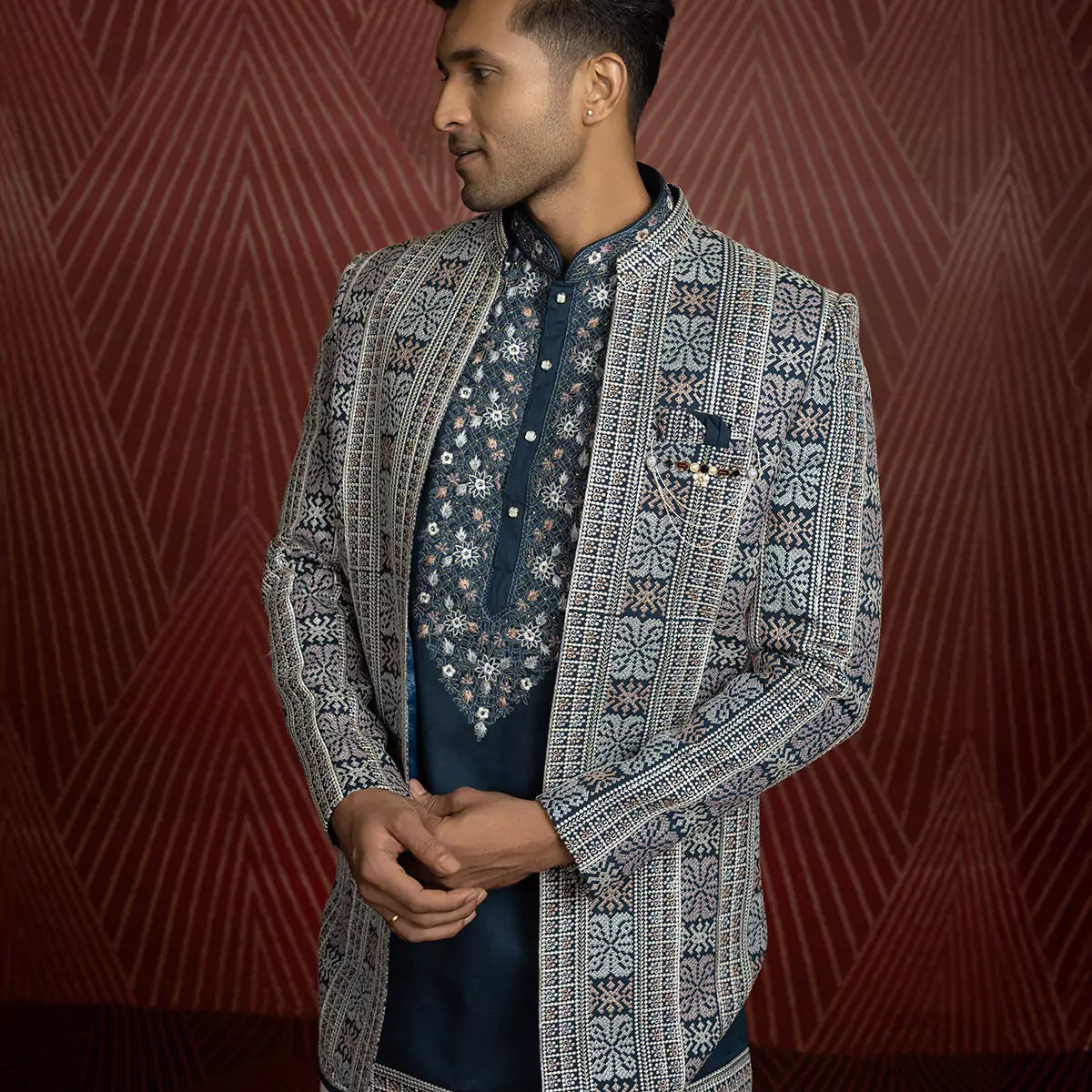 All Over Fully Embroidered Work Bottle Green Color Open Jacket Style ...